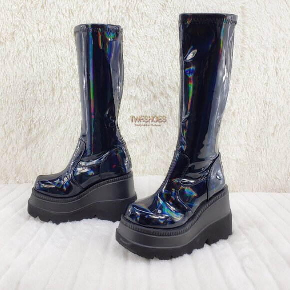 Demonia | Shoes | Black Patent Hologram Goth Rave Platform Knee Boot ...